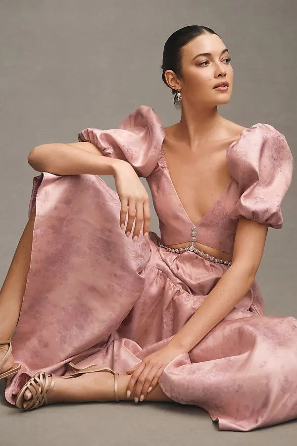 v. chapman emma v-neck a-line brocade cutout maxi dress The Emma Dress in Taupe Windsor Brocade 6 / Taupe Windsor Brocade