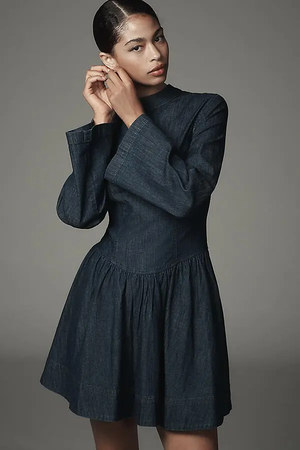 drop waist denim mini dress Denim Sleeveless Low Waist Mini Dress with Button Detail S main image 1