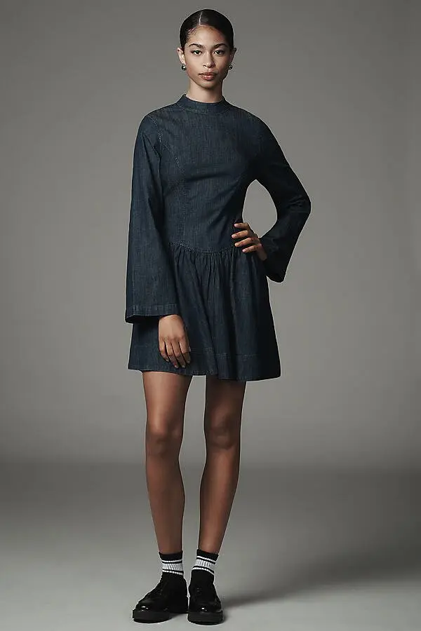 Porridge Long-Sleeve Denim Mini Dress In Blue - 66% Off | Editorialist