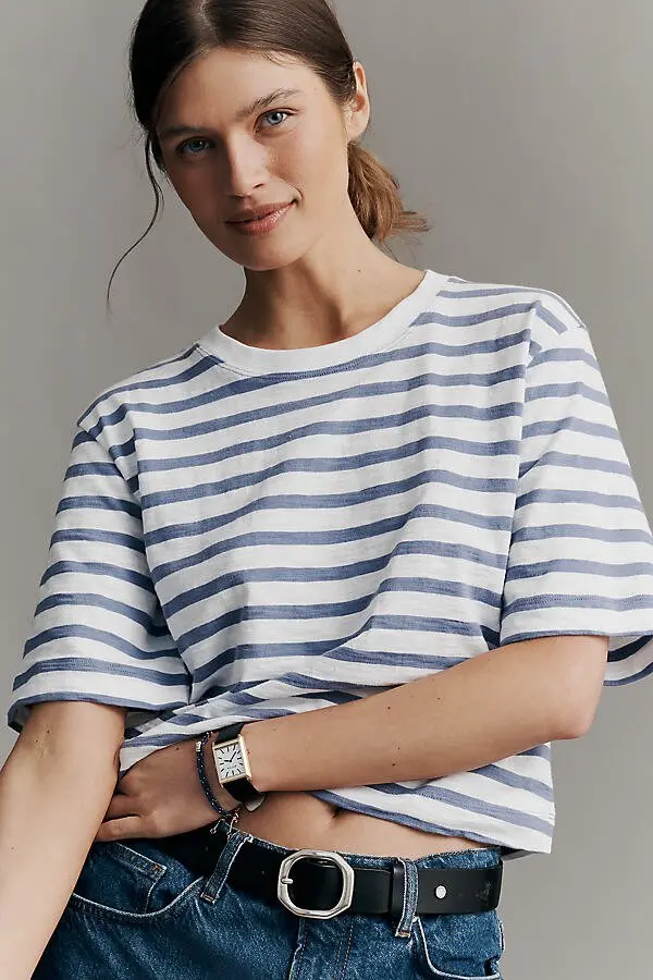Maeve The Corey Short-sleeve Boxy Tee - Ivory Blue Stripe
