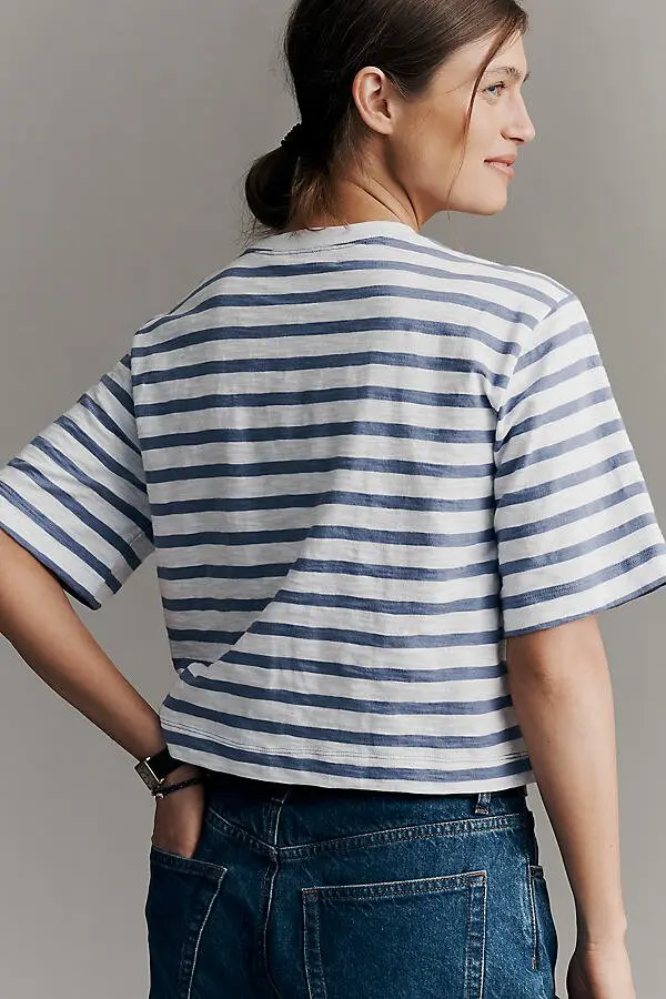 Maeve The Corey Short-sleeve Boxy Tee - Ivory Blue Stripe