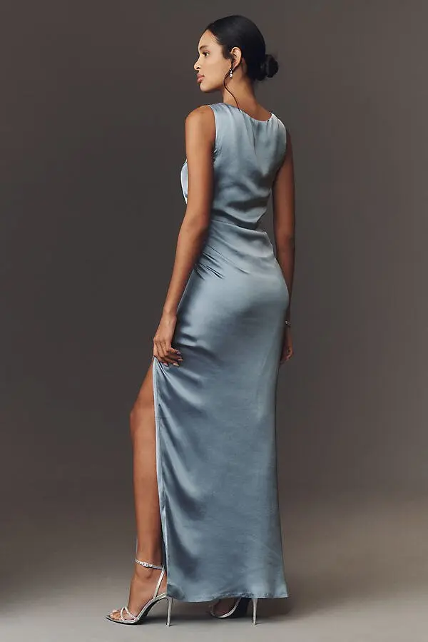 Bhldn Emma High-neck Satin Maxi Gown - Steel Blue