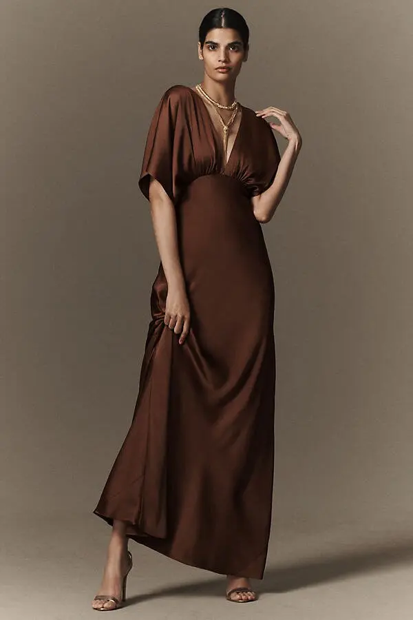 Bhldn Amelia Deep-v Flutter-sleeve Satin A-line Gown - Chocolate
