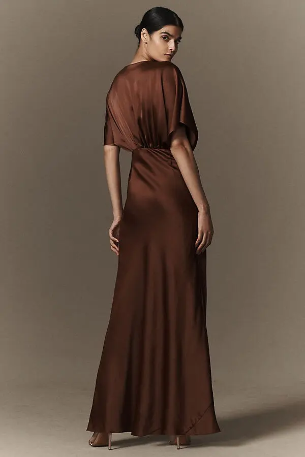 Bhldn Amelia Deep-v Flutter-sleeve Satin A-line Gown - Chocolate