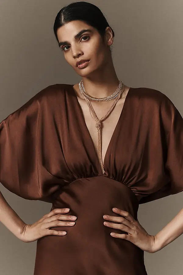Bhldn Amelia Deep-v Flutter-sleeve Satin A-line Gown - Chocolate