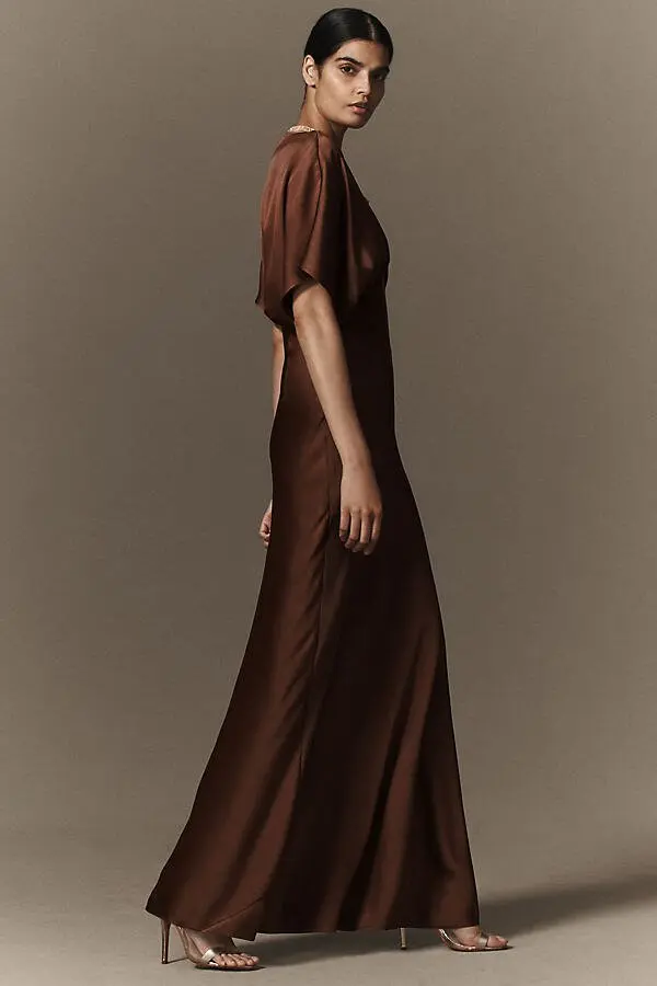 Bhldn Amelia Deep-v Flutter-sleeve Satin A-line Gown - Chocolate
