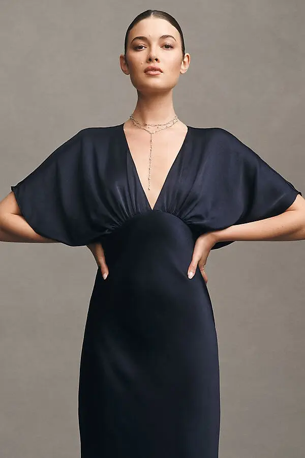 Bhldn Amelia Deep-v Flutter-sleeve Satin A-line Gown - Dark Navy