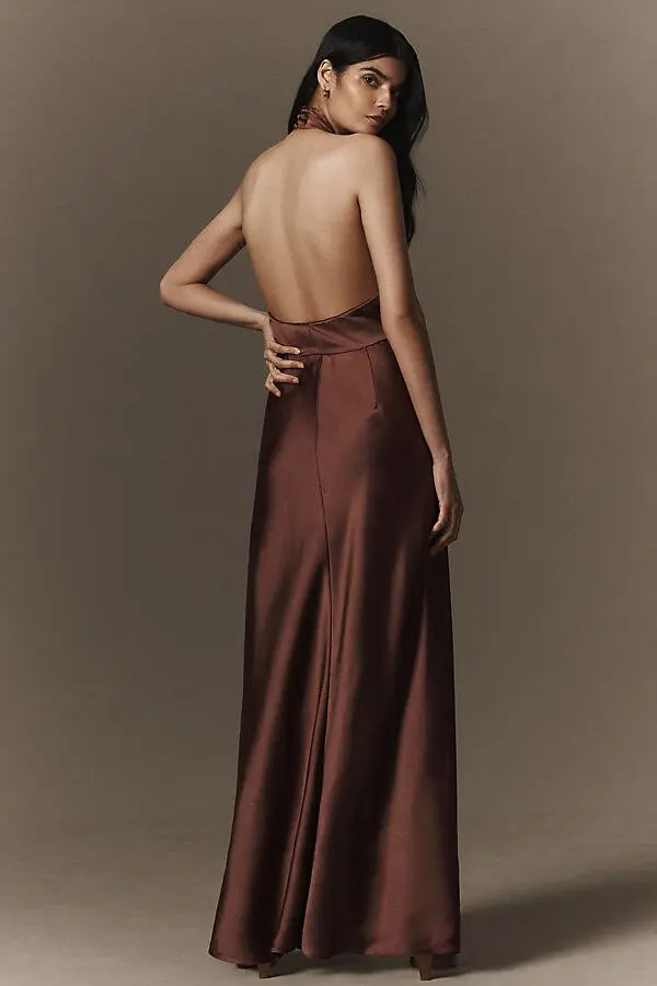 Bhldn Selma Halter-neck Satin Maxi Dress - Chocolate