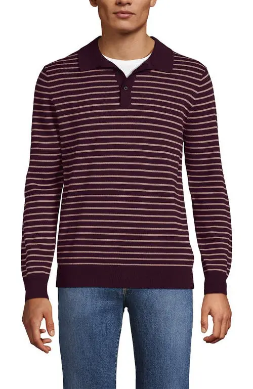 LANDS' END Long Sleeve Cotton Sweater Polo - Lush Burgundy/mauve Stripe