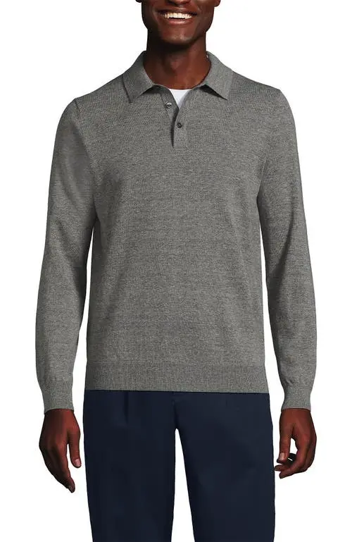 LANDS' END Long Sleeve Cotton Sweater Polo - Warm Graphite Heather