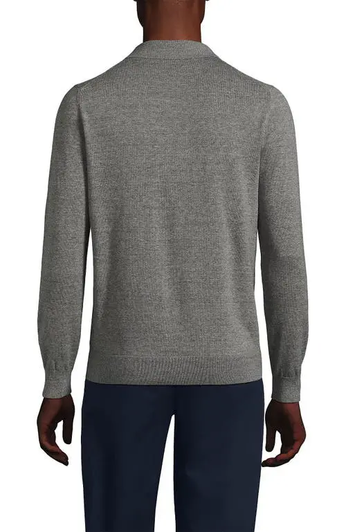 LANDS' END Long Sleeve Cotton Sweater Polo - Warm Graphite Heather