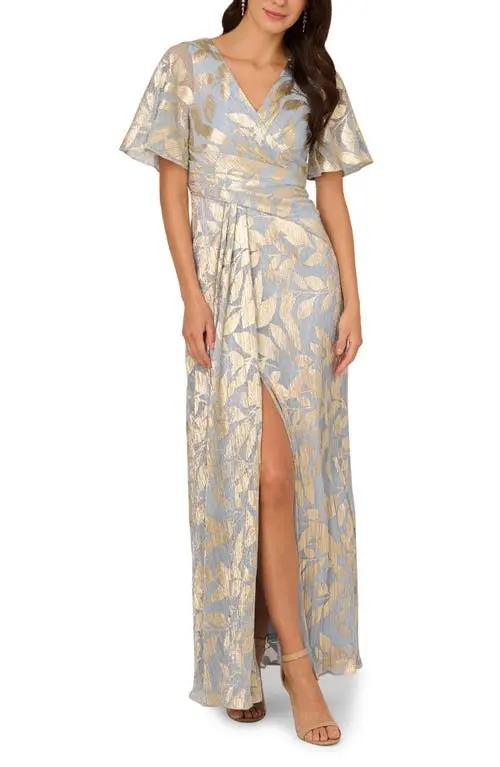 Adrianna Papell Metallic Leaf Jacquard Draped Gown