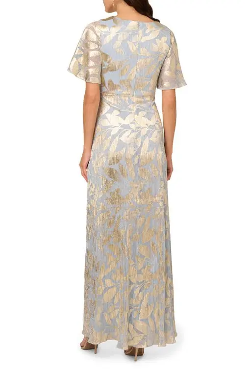 Adrianna Papell Metallic Leaf Jacquard Draped Gown