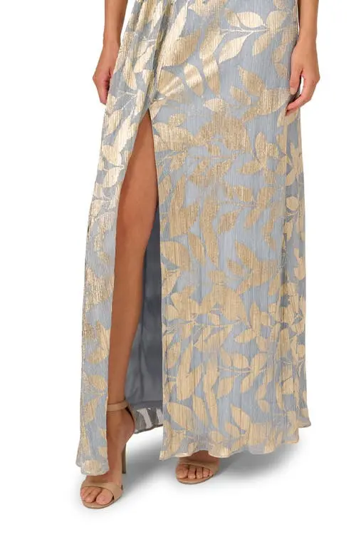 Adrianna Papell Metallic Leaf Jacquard Draped Gown