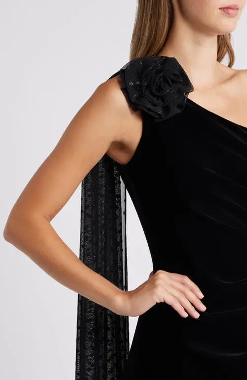 eliza j one shoulder velvet dress Eliza J Rosette One-Shoulder Velvet Gown In Black - 75% Off