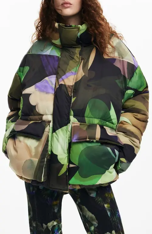 Desigual Lacroiz Aalborg Abstract Print Puffer Jacket - Green
