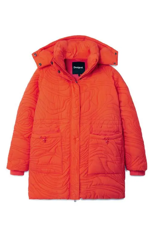 Desigual Aarhus Embroidered Quilted Coat - Orange