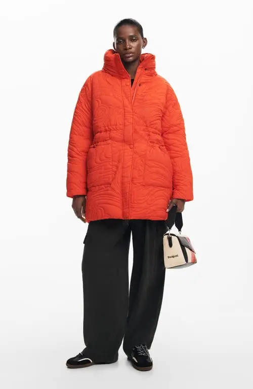 Desigual Aarhus Embroidered Quilted Coat - Orange