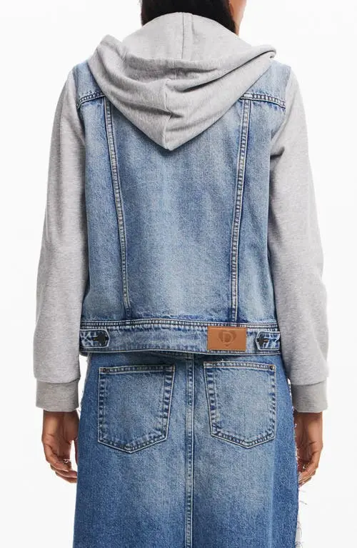 Desigual Mixed Media Denim & Cotton Fleece Hoodie