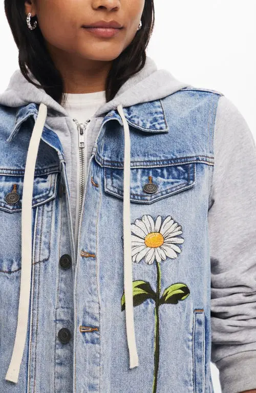 Desigual Mixed Media Denim & Cotton Fleece Hoodie