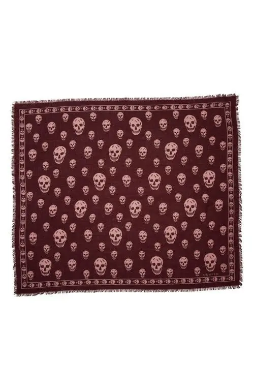 Alexander McQueen Skull Print Wool Fringe Scarf - Burgundy/ Pink