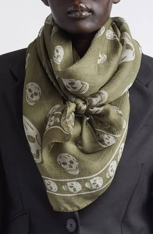 Alexander McQueen Skull Print Silk Scarf - Olive