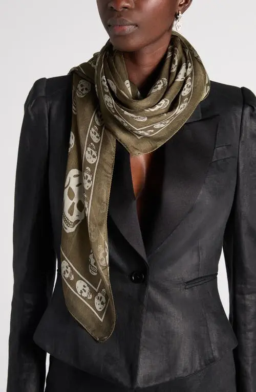 Alexander McQueen Skull Print Silk Scarf - Olive