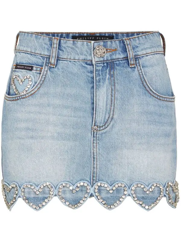 Philipp Plein Heart-embellished Denim Skirt