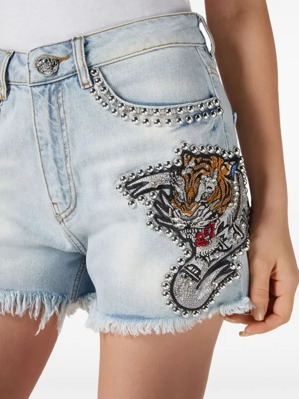 Philipp Plein Tattoo Stud-embellished Denim Shorts