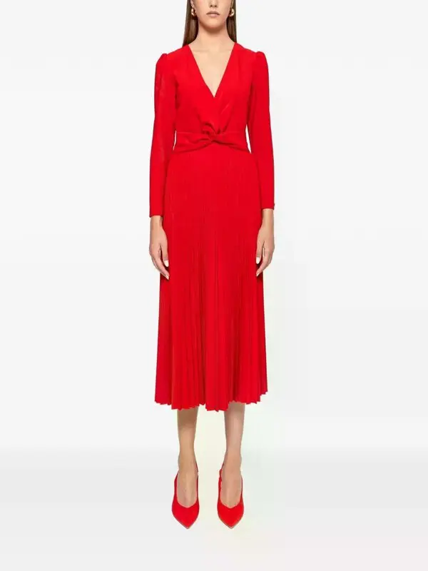 NISSA Pleated V-neck Midi Dress - Red