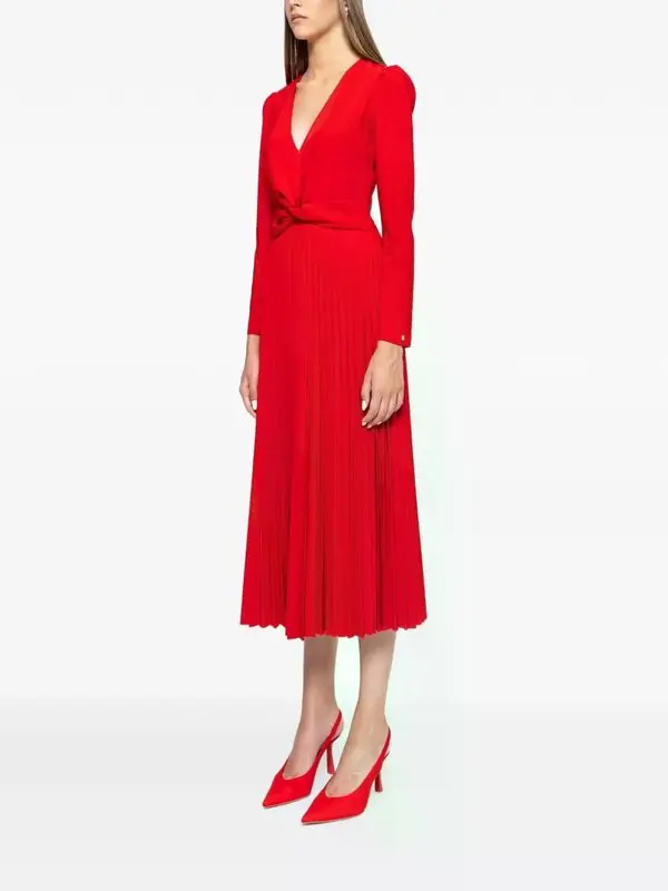 NISSA Pleated V-neck Midi Dress - Red
