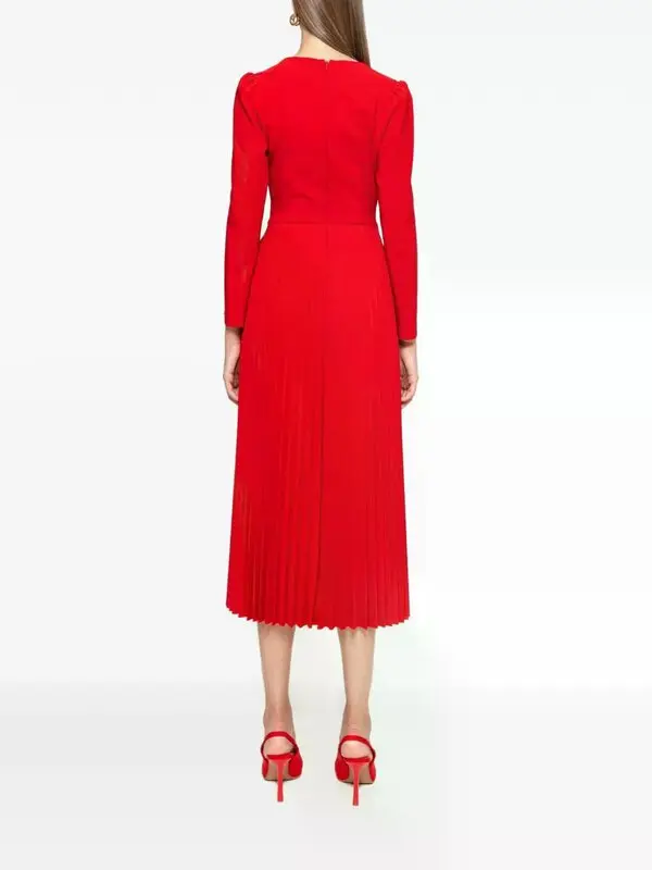 NISSA Pleated V-neck Midi Dress - Red
