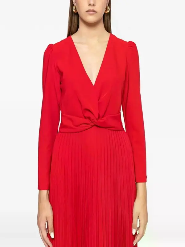 NISSA Pleated V-neck Midi Dress - Red