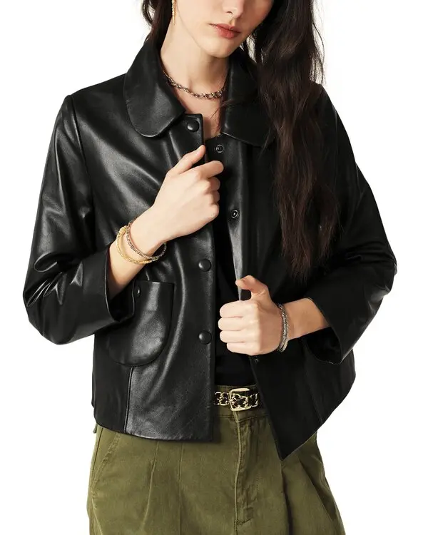 Ba&sh Leather Collared Jacket - Black Leather