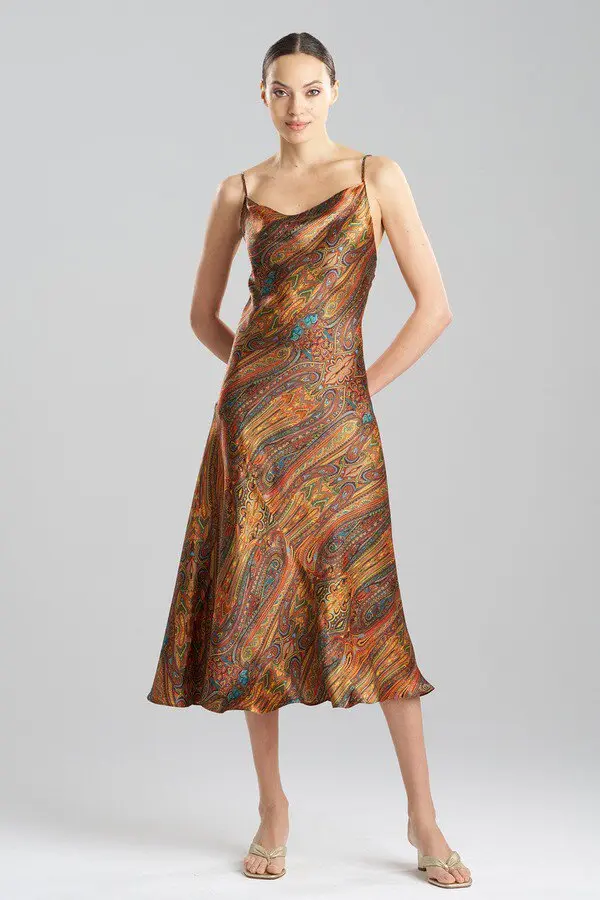 Natori Paisley Cowl Neck Silk Slip Dress