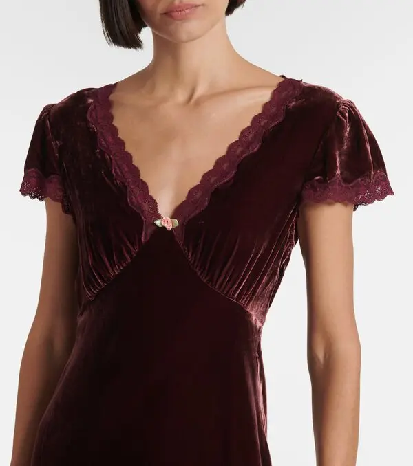 Rixo Clarice Lace-Trimmed Velvet Midi Dress In Burgundy - 20% Off |  Editorialist