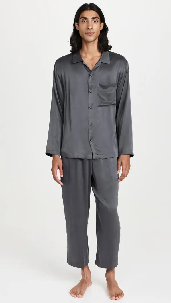 Lunya Washable Silk Button Up Pj Set - Meditative Grey