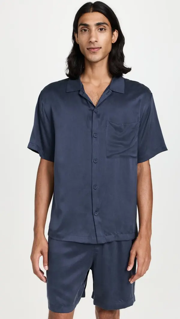Lunya Washable Silk Button Up Short Pj Set - Deep Blue