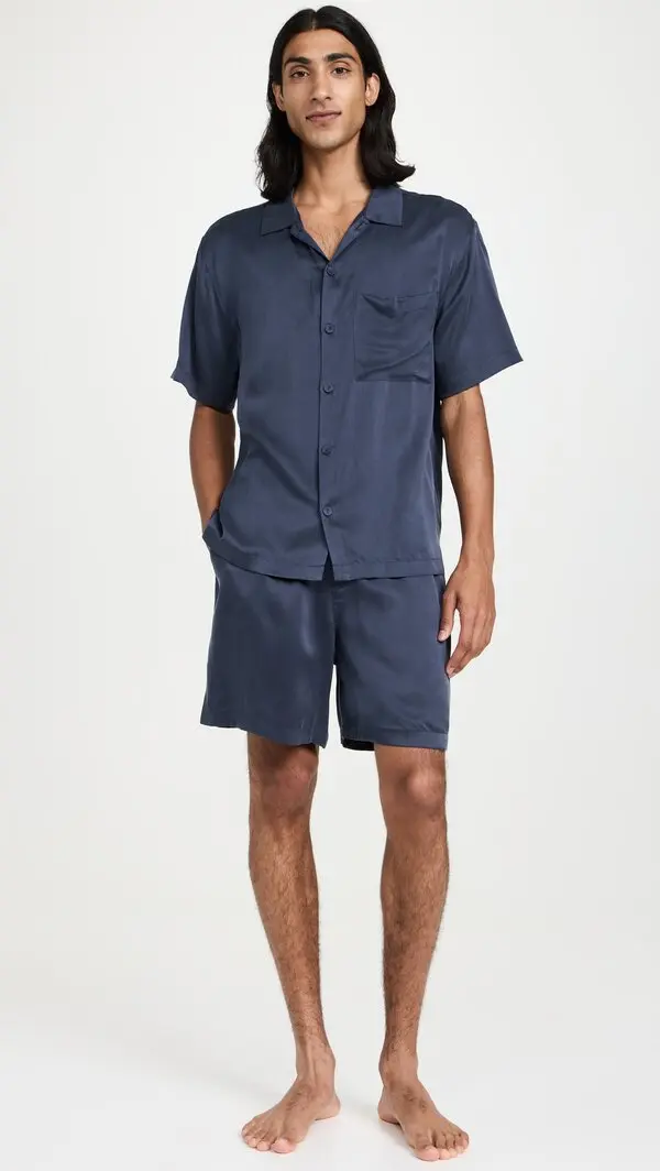 Lunya Washable Silk Button Up Short Pj Set - Deep Blue