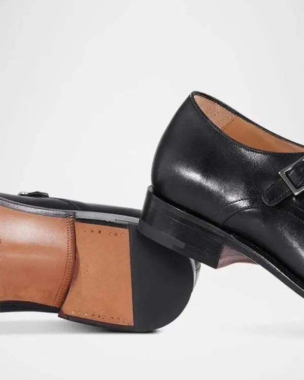PAUL STUART Samson Leather Monk Strap Loafers - Black