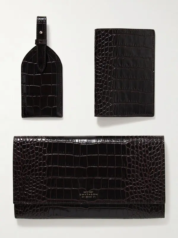 Smythson Mara Croc-effect Leather Travel Set - Brown