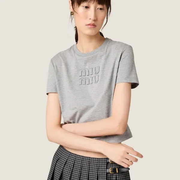 miu miu グレー Tシャツ 半袖 Miu Miu Cotton Jersey T-Shirt - Grey | Editorialist