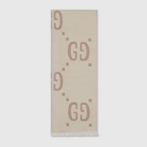 Gucci Gg Jacquard Wool Silk Scarf - White