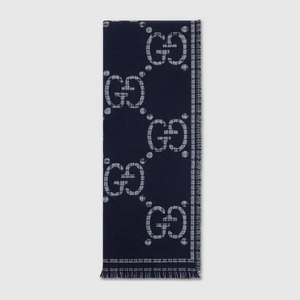 Gucci Check Gg Wool Scarf - Blue