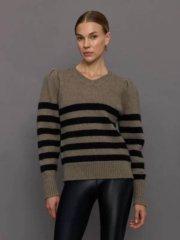 Carbon38 Striped Puff Sleeve Sweater - Stone / Black