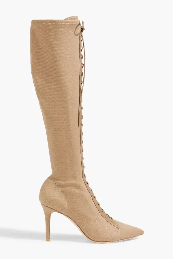GIANVITO ROSSI Lace-up Leather-trimmed Twill Knee Boots