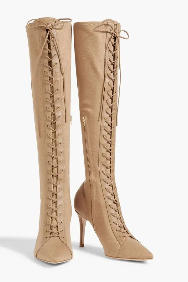 GIANVITO ROSSI Lace-up Leather-trimmed Twill Knee Boots