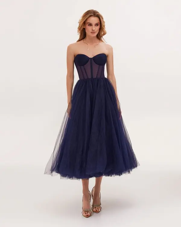 MILLA Strapless Tulle Midi Dress - Navy