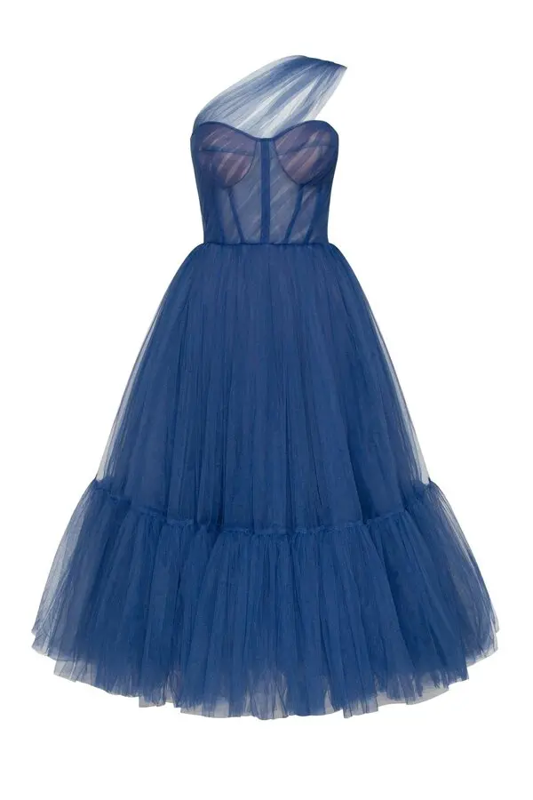 Milla One-Shoulder A-Line Tulle Midi Dress - Blue - 35% Off | Editorialist