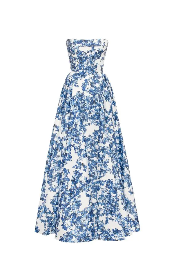 Milla Hydrangea Floral Satin Maxi Dress - Blue-Double | Editorialist